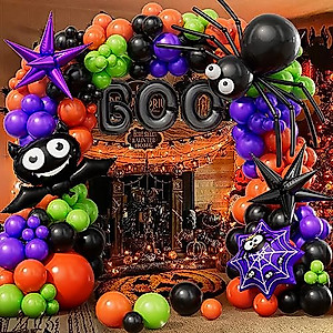 Bonropin 144pcs Halloween Balloon Garland Arch kit with Black Orange Green Purple Eyes Balloons, Bat Spider Boo Foil Balloons, Black Purple Explosion Star Foil Balloons for Halloween Party Decorations