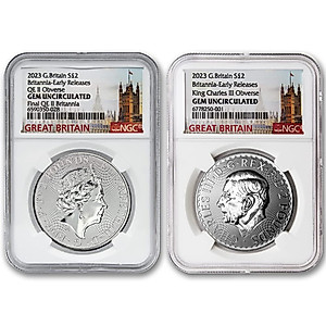 2023 Lot of (2) 1 oz British Silver Britannia Coins Gem Uncirculated (Early Releases - Great Britain Label) £2 NGC GEMUNC