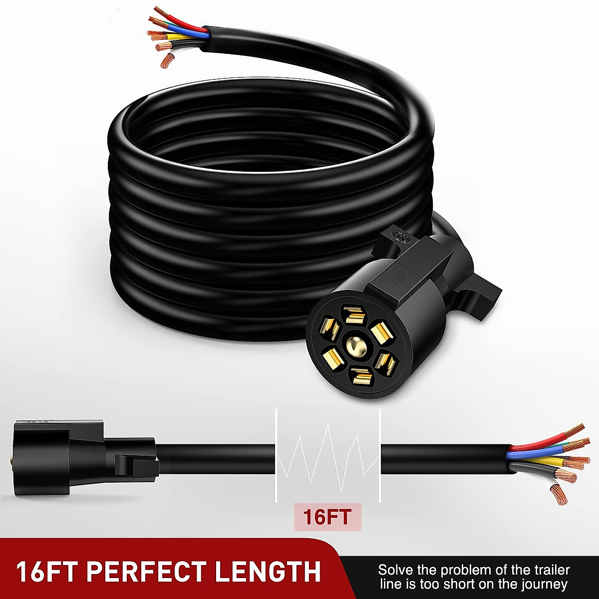 Nilight 16 Feet Heavy Duty 7 Way Plug Inline Trailer Cord 7-Pin Trailer Cord Wire Cable for Truck Camper Blade Molded RV Cable Weatherproof & Corrosion Resistant-16FT