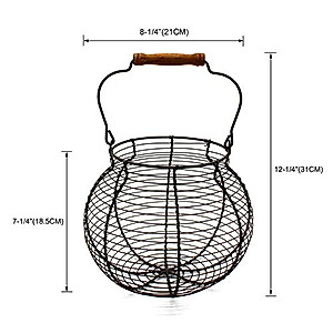 CVHOMEDECO. Antique Wire Egg Basket with Wood Handle Primitives Vintage Gathering Basket. Rusty