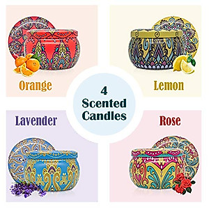Orentas, Scented Candles Gift Set, Pure Natural Soybean for Aromatherapy Wax ,Travel Tin Candles for Home Meditation, Mother's Day Gift or Birthday Gifts 4 Packs, 4.4oz (Lemon/Rose/Orange/Lavender)