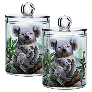 2 Pack Qtip Dispenser Apothecary Jars Bathroom Organizer, Koala and Baby Leaves Qtip Holder Storage Canister Plastic Acrylic Jar for Cotton Ball/Swab/Rounds