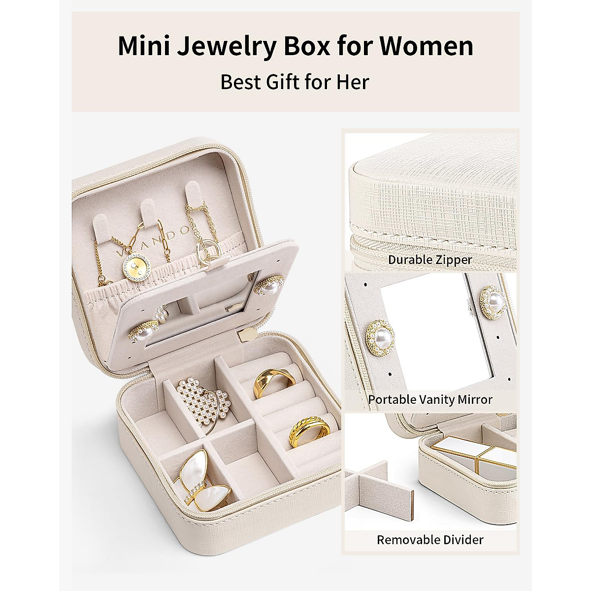 Vlando Small Travel Jewelry Box Organizer - Display Case for Girls Women Gift Rings Earrings Necklaces Storage with Mirror Milky white