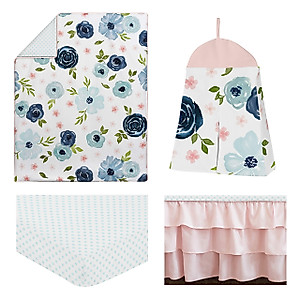 Sweet Jojo Designs Navy Blue and Pink Watercolor Floral Baby Girl Nursery Crib Bedding Set - 4 Pieces - Blush, Green and White Shabby Chic Rose Flower Polka Dot
