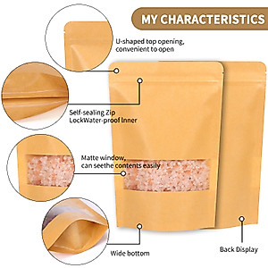 Moretoes 72pcs Stand Up Pouches, Kraft Paper Bags with Window, Coffee Bags, Brown Resealable Bags, Ziplock Stand Up Bags for Home or Business, 5.9×8.6 Inches Sealable Bags for Packaging