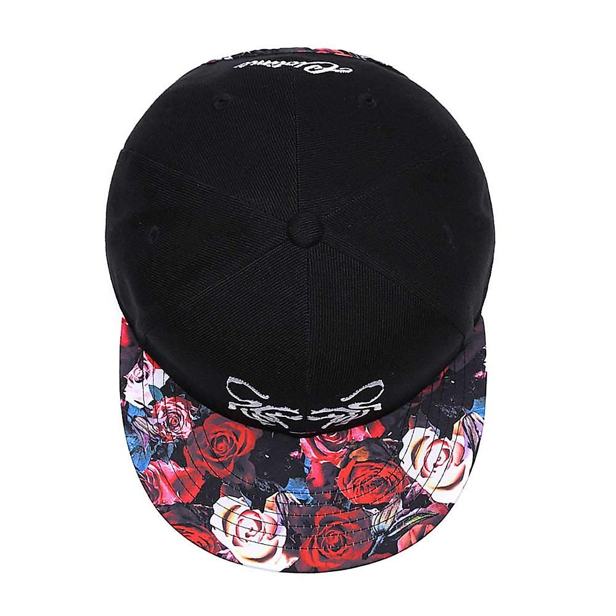 CLOTIME Tiger Embroidered Floral Snapback Hat 3D Rose Floral Print Visor Caps Twill Flat Bill Adjustable Baseball Cap (Black Rose Tiger)