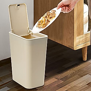 Fasmov Trash Can 2 Pack 7.5 Liter / 2 Gallon Plastic Garbage Container Bin with Press Top Lid, Waste Basket for Kitchen, Bathroom, Living Room, Office, Narrow Place (Gray + Apricot)