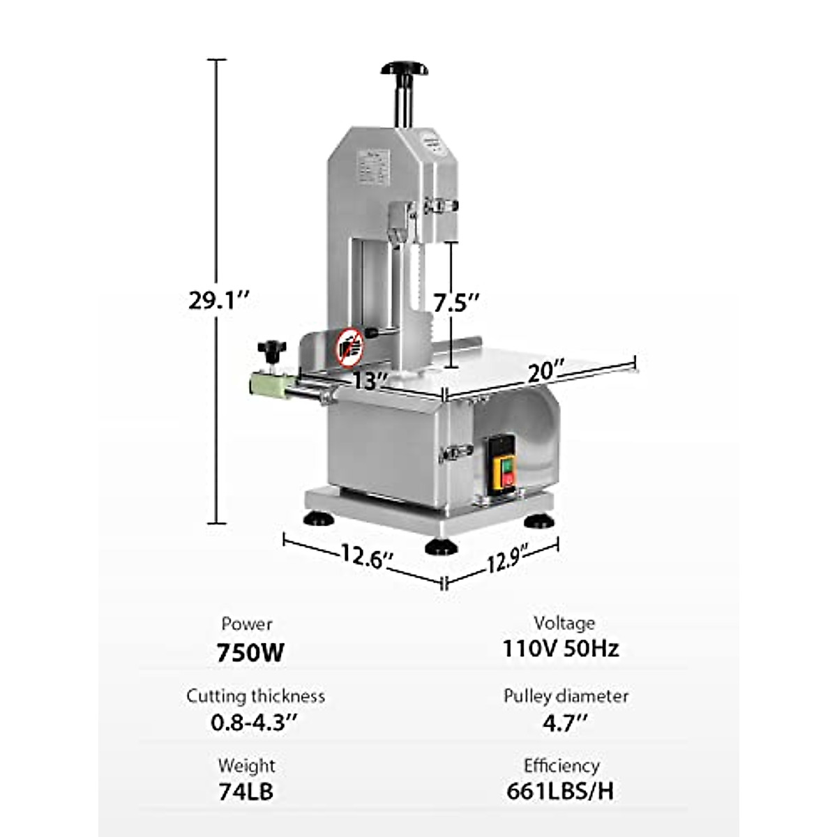 Electric Bone Saw Machine 750W 1.2HP Commercial Frozen Meat Cutting Machine Stainless Steel Countertop Bone Cutter Machine for Rib Fish Pork Steak Beef