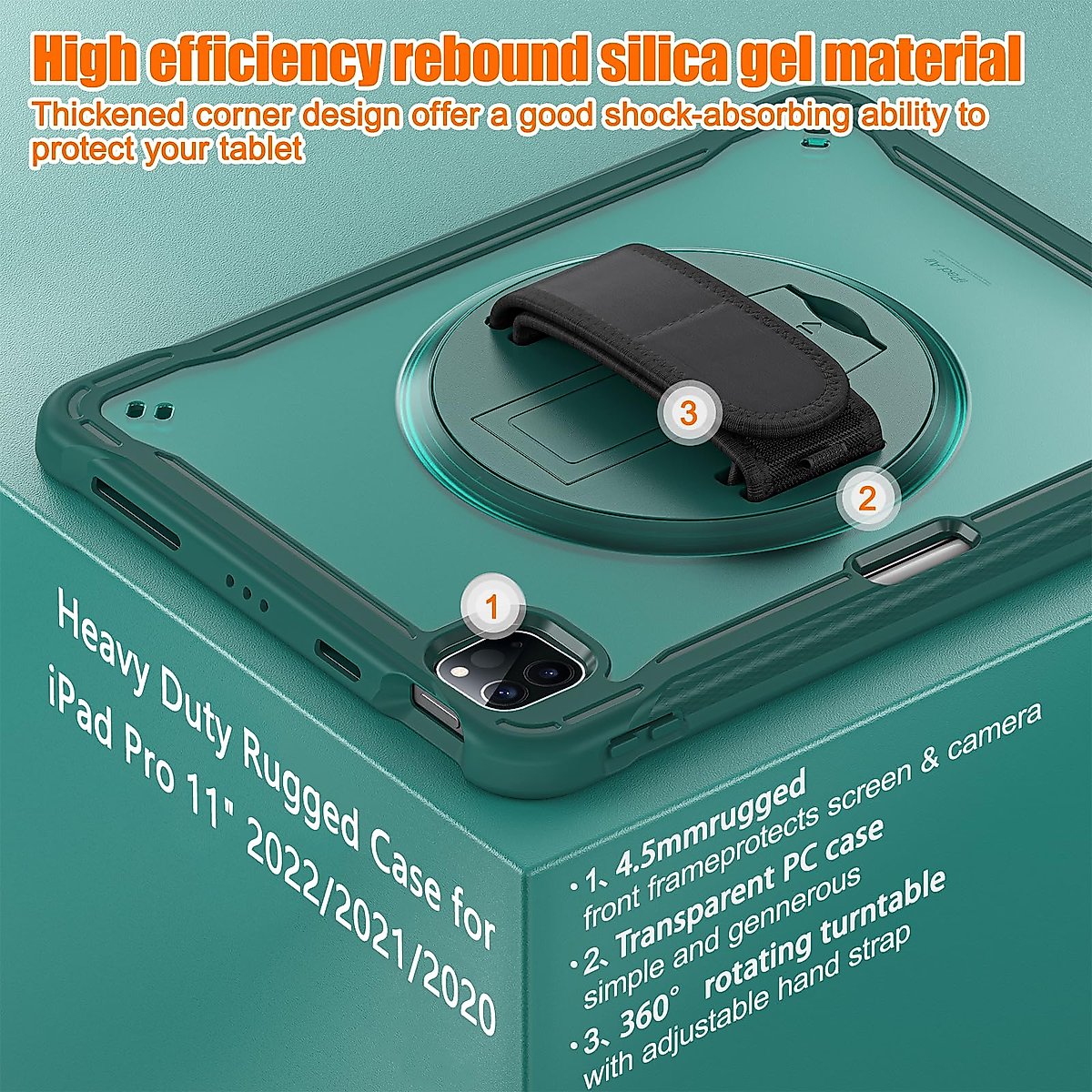 Batianda Case for iPad Pro 11-inch 2022 4th M2 Chip /2021 (3rd Generation) Heavy Duty Rugged Shockproof Tablet Cover with 360° Rotating Hand Strap Foldable Hidden Stand & Shoulder Strap, Teal