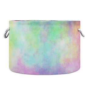 ALAZA Large Storage Basket for Toys Purple Tie Dye Rainbow Print Round Blanket Basket Laundry Hamper Canvas Organizer Bin Box Cotton Rope Collapsible Bucket Pillow Home Decor