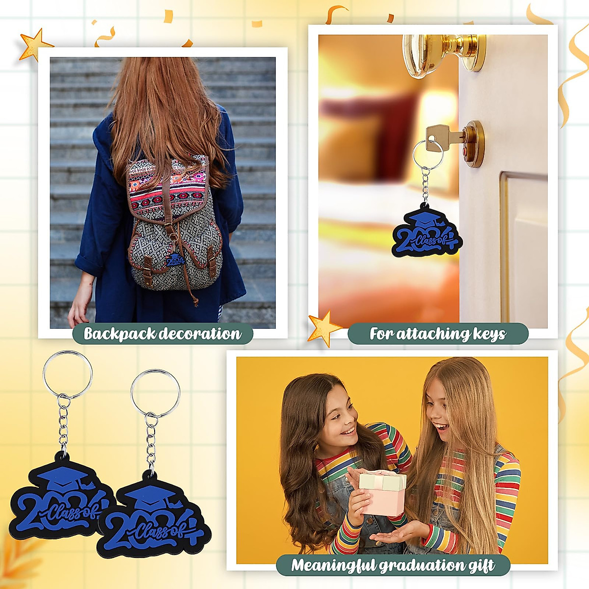 Batiyeer 60 Pieces Class of 2024 Graduation Keychains, Rubber Key Chains Grad Cap Charms Graduation Gifts (Gold, Black)