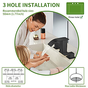 VIKASI Waterfall Bathroom Faucets for Sink 3 Hole Matte Black Bathroom Sink Faucet with Pop Up Drain 8 Inch Widespread Vanity Faucets Basin Faucet Modern Vanity Faucet 2 Handle Lavatory Faucet