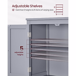 VASAGLE Bathroom Floor Storage Cabinet, Bathroom Storage Unit, Freestanding Cabinet with 4 Doors, Adjustable Shelves, 11.8 x 23.6 x 43.3 Inches, Mystic Gray UBBC552P36