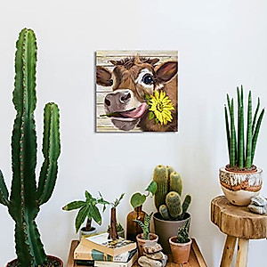 Cow Pictures Wall Decor Country Farmhouse Canvas Wall Art Rustic Sunflower Bathroom Decor Framed Artwork Paintings for Wall Decorations for Bedroom Office Kitchen Living Room,Ready to Hang 13.4" X 13.4"