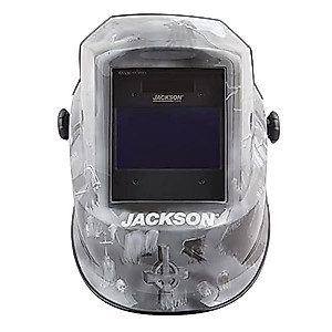 Jackson Safety Premium Auto Darkening Welding Helmet 3/10 Shade Range, 1/1/1/1 Optical Clarity, 1/25,000 sec. Response Time, 370 Speed Dial Headgear, 6 Feet Under Graphics, Black/Grey/White, 47100