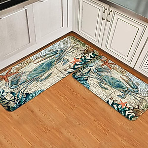 Kitchen Rug Set of 2 Pieces Crab Underwater Starfish Retro Map Submarine Nautical Coastal Ocean Animal Comfort Floor Mats Washable Doormat Anti Fatigue Non-Slip Runner Rugs Bedroom Area Carpet