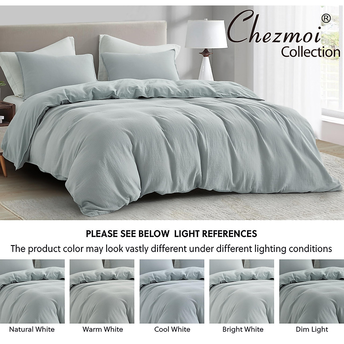 Chezmoi Collection Breeze 3-Piece Cotton Gauze King Duvet Cover Set, Light Blue-Gray Soft Washed Cotton Linen Like Textured Breathable Comforter Cover with Button Closure