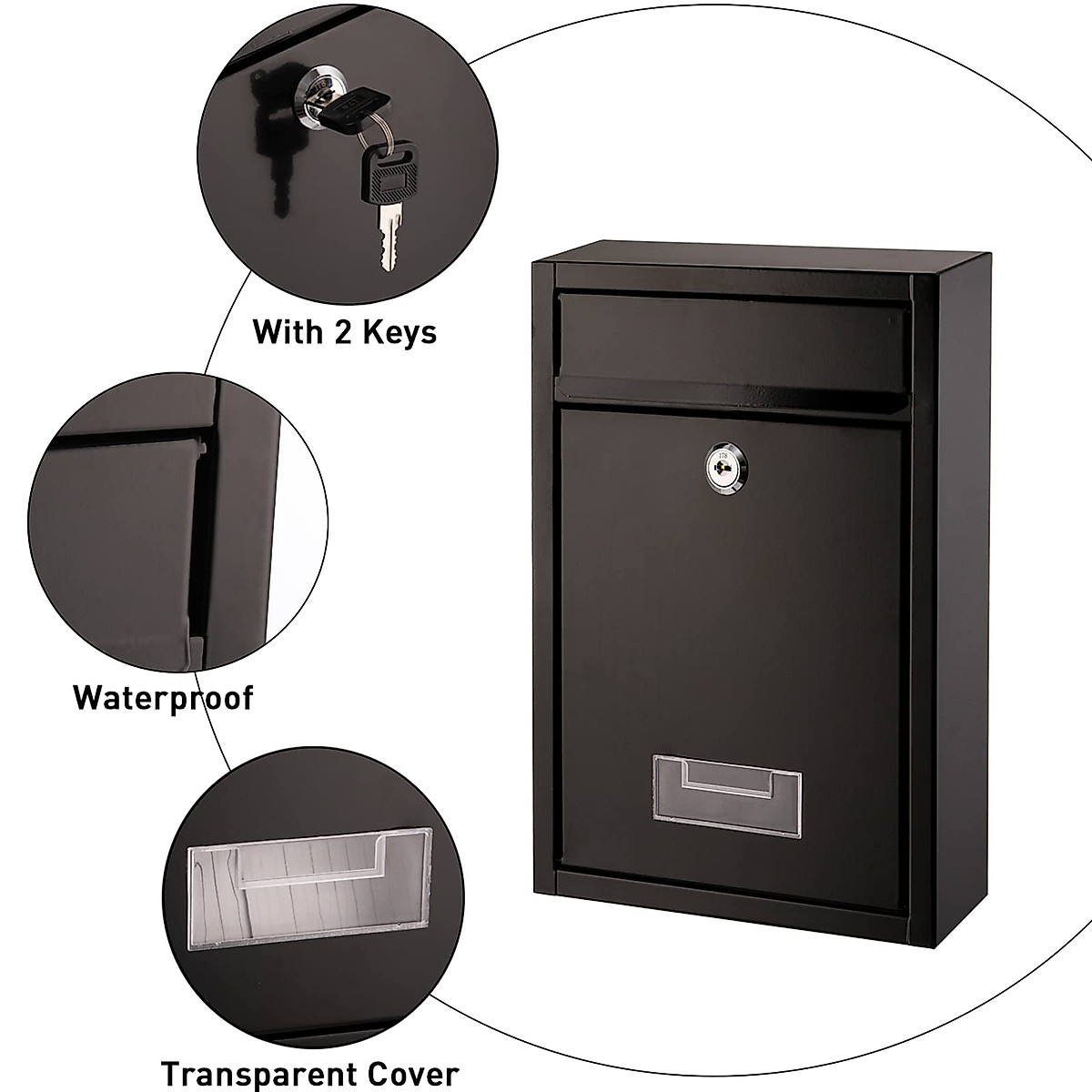 DEAYOU Wall Mount Mailbox, Steel Cover Metal Drop Box, Mail Box with Key Lock, Dropbox with Slot for Envelope, Home, Office Business, Decor, Black