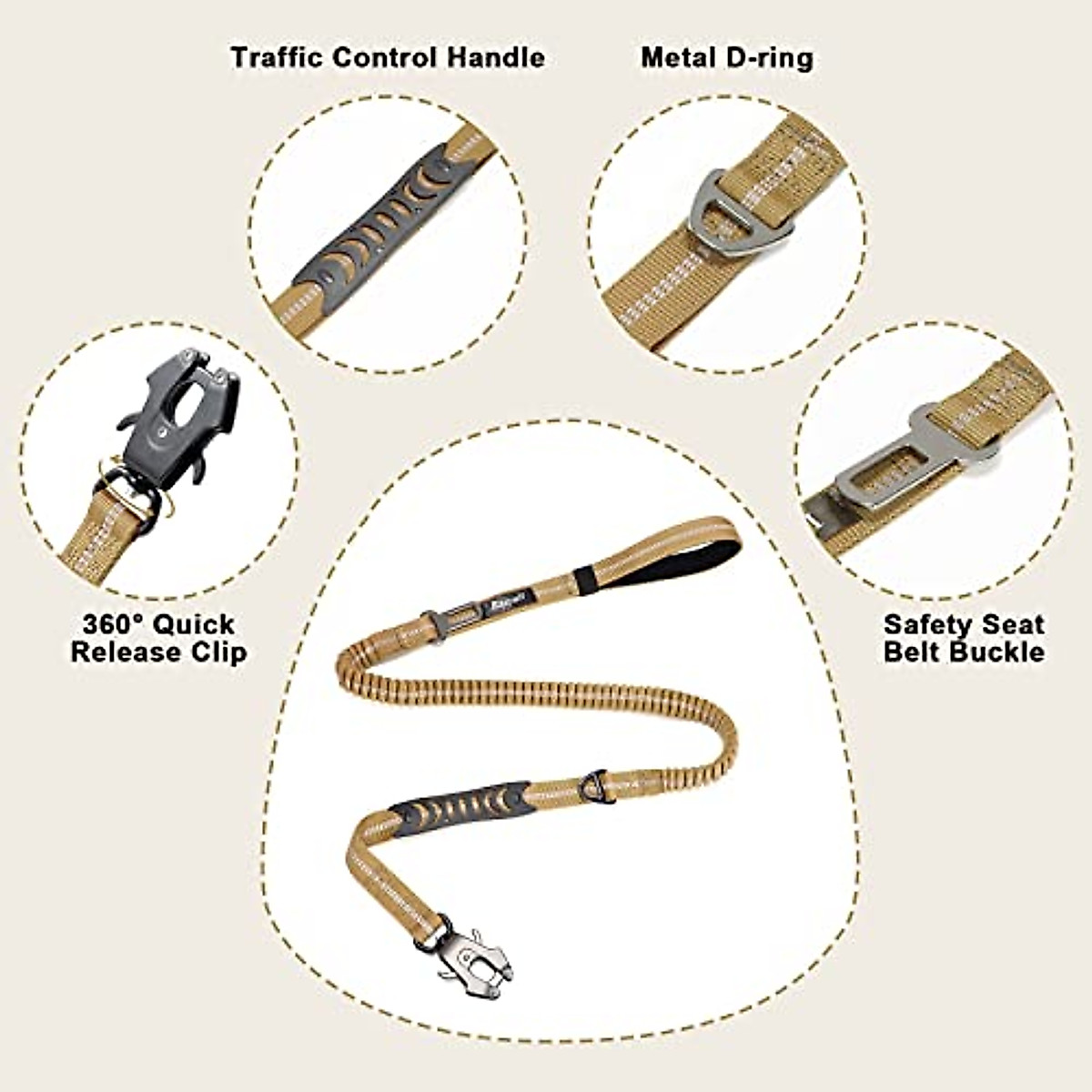 Raipult Heavy Duty Tactical Bungee Dog Leash, 4-6FT No Pull Dog Leash with Quick Release Carabiner, Reflective Shock Absorbing Leashes with Car Seatbelt for Medium Large Dogs,Khaki