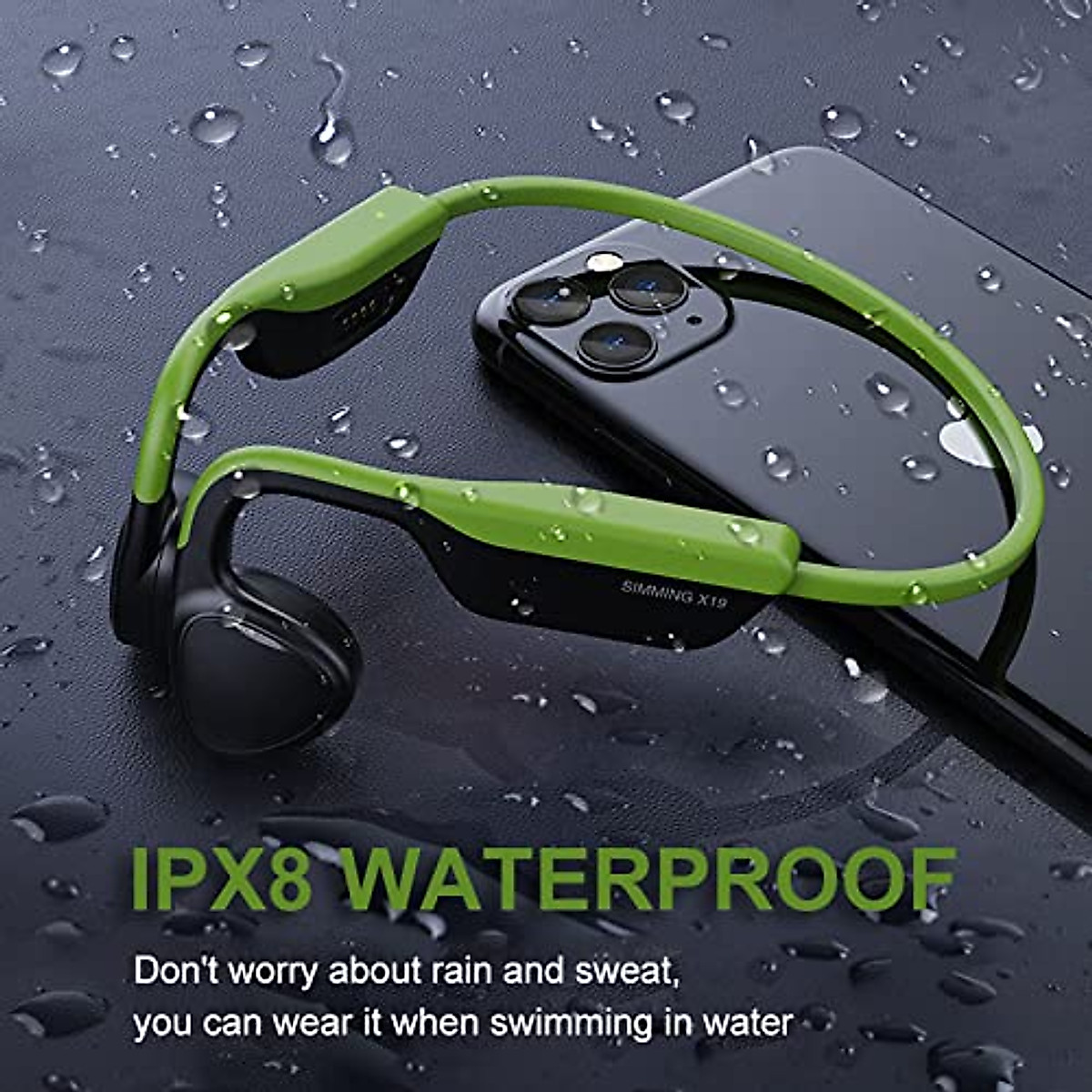 Bone Conduction Headphones Waterproof IPX8 Underwater Swimming Open Ear Earphones for iPhone Android Workout Bluetooth Over Ear Phones Built-in Microphone Headset for Running Swim Cycling Gym Green