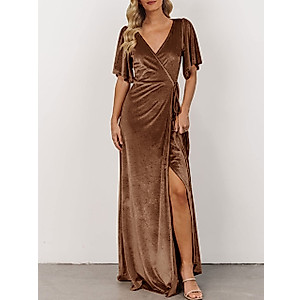 MEROKEETY Women's V Neck Velvet Formal Dress Ruffle Sleeve Tie Waist Slit Elegant Long Dresses 2024, Brown, Medium