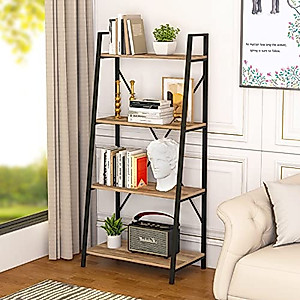 BON AUGURE Industrial Ladder Shelf Bookcase, 4 Tier Rustic Ladder Bookshelf, Standing Leaning Book Shelves for Living Room (Vintage Oak)…
