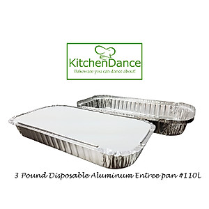 KitchenDance Disposable Aluminum 3 Lb Oblong Food Storage Pans with Board Lids - 48 Ounces Non-Stick Pans for Restaurants, Caterers - Baking Pan Perfect for Cooking, Preparing Food, 110L, 100 Count