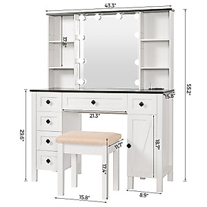 ANWBROAD Farmhouse Make up Vanity Desk with Mirror and Lights 43" Vanity Set with Power Outlet 3 Lighting Colors Adjustable Vanity Table 6 Drawers Storage Shelves Cabinets Stool Bedroom White UBDT60W