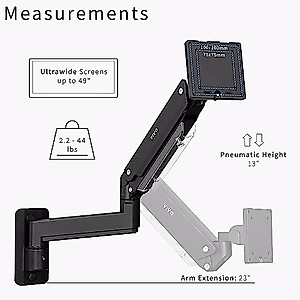 VIVO Premium Aluminum Heavy Duty Monitor Arm for Ultrawide Screens up to 49 inches and 44 lbs, Single Wall Mount, Pneumatic Height, Max VESA 100x100, Black, MOUNT-V101G1