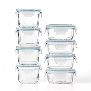 GLASSLOCK Mini Reusable 5 Ounce Rectangular and 7 Ounce Square Tempered Glass Food Storage Container Set for Fridge and Freezer, 8 Piece Set