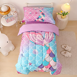 SUCHDECO 4 Pieces Toddler Bedding Set for Girls Baby Crib Bedding Set Toddler Comforter Sets with Mermaid Tails Print Blue Purple Gradient - Comforter, Fitted Sheet, Flat Sheet, Pillowcase