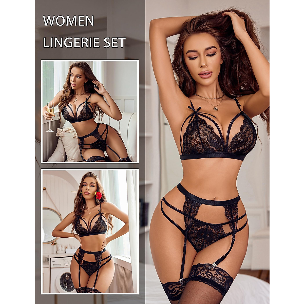 Avidlove Women Lingerie Set Lace Teddy Strap Babydoll Bodysuit with Garter Belts A-black