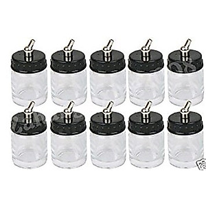 Master Airbrush (Pack of 10) TB-002 Empty 3/4 Ounce (22cc) Glass Jar Bottles with 30° Down Angle Adaptor Lid Assembly - Fits Dual-Action Siphon Feed Airbrushes, Use with Master, Badger, Paasche, Iwata