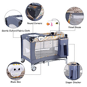 Costzon 3 in 1 Pack and Play, Portable Baby Playard with Bassinet, Changing Table, Music Box, Wheels & Brake, Basket, Carry Bag, Co-Sleeper Bassinet Compact Travel Crib for Indoor Outdoor Use Grey