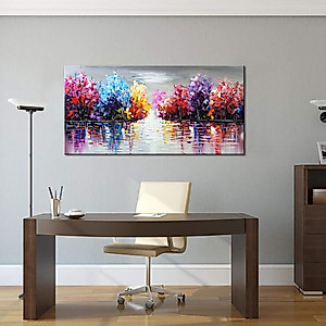 Hand Painted Lake Landscape Canvas Wall Art with Colorful Tree Thick Texture Oil Painting Abstract Artwork (48 x 24 inch)