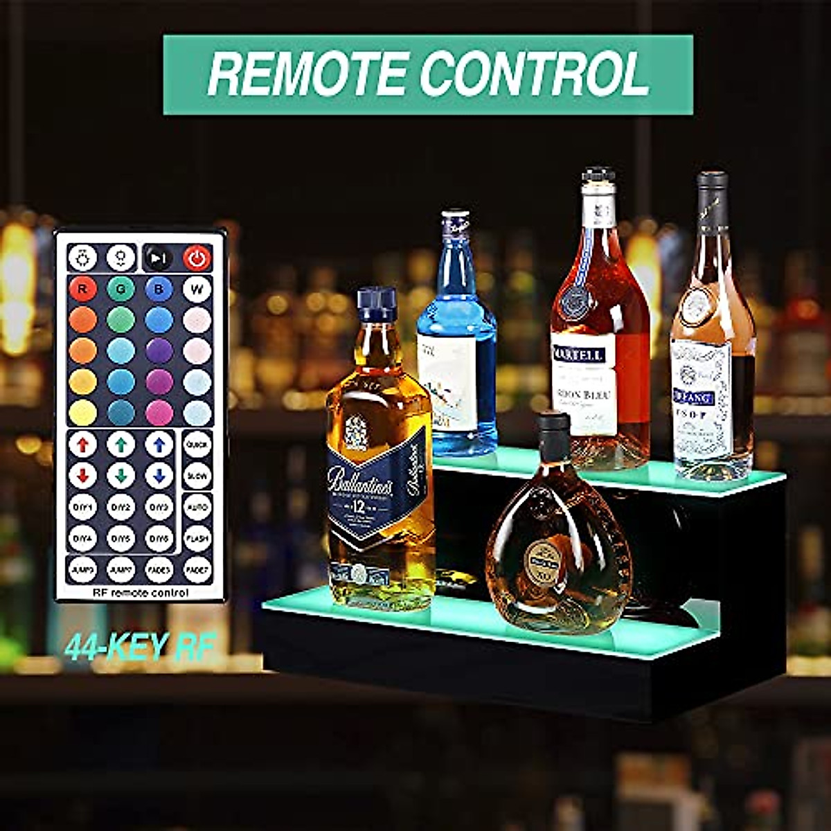 MESAILUP 16 Inch LED Lighted Liquor Bottle Display 2 Step Illuminated Bottle Shelf 2 Tier Home Bar Drinks Commercial Lighting Shelves with Remote Control (2 Tier, 16 inch)