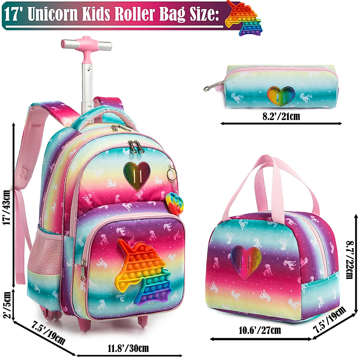 Egchescebo School Bags Kids Rolling Unicorn Backpack for Girls Luggage Suitcase With Wheels Trolley Wheeled Backpacks for Girls Travel Bags 17' 3PCS Toy With Lunch Box Pink