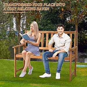 Yewuli Outdoor Garden Wooden Bench,2-Person Garden Bench with Back and armrest, Acacia Wood Outdoor Bench Weatherproof for Patio,Front Porch,Park,Backyard,Wide Slatted Seat,Hold up to 705 LBS