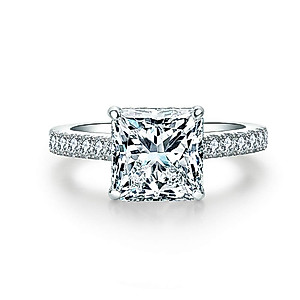 BeFab Sterling Silver Classic 3 Ct Princess Accented Solitaire Engagement Ring Square Cut Anniversary Ring (Silver, 7)