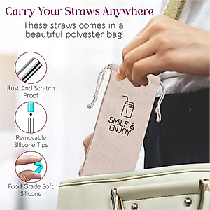 8-Pack Reusable Stainless Steel Straws with Colored & Black Silicone Tips, Straw Cleaner Brush and Polyester Bag, Reusable Straws for Tumblers & Mason Jars