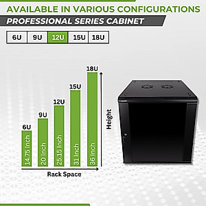 NavePoint 12U Server Rack Enclosure - 23.6” Deep, 12U Wall Mount Network Cabinet with Locking Glass Door for 19” IT Equipment, 12U Network Rack with 2 Fans, Removable Side Panels, Black