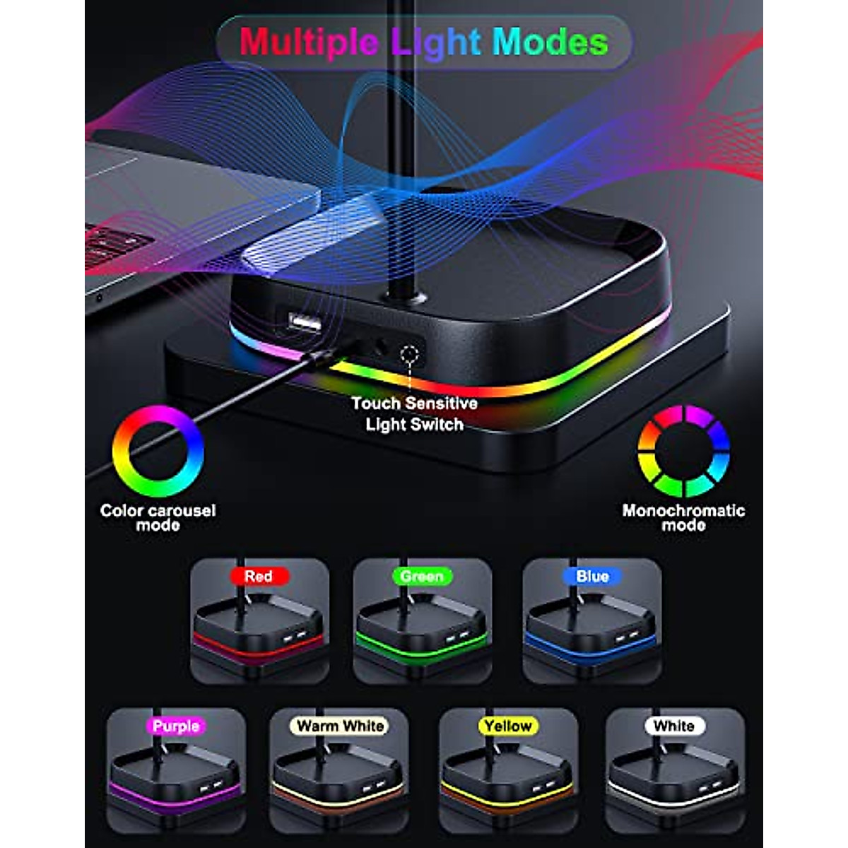 COSDIG RGB Gaming Headphone Stand for Desk,Headset Stand,Headphone Holder Storage with 3 USB and 3.5mm AUX Ports,Headphone Hanger Mount Gaming Earphone Accessories as PC Gamer Gift