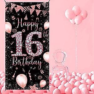 GYA Pink Happy 16th Birthday Door Banner 3x6ft Girl Sweet 16th Diamond Door Cover Banner Glitter Balloon Rose Gold Party backdrop Poster Porch Sign Decor