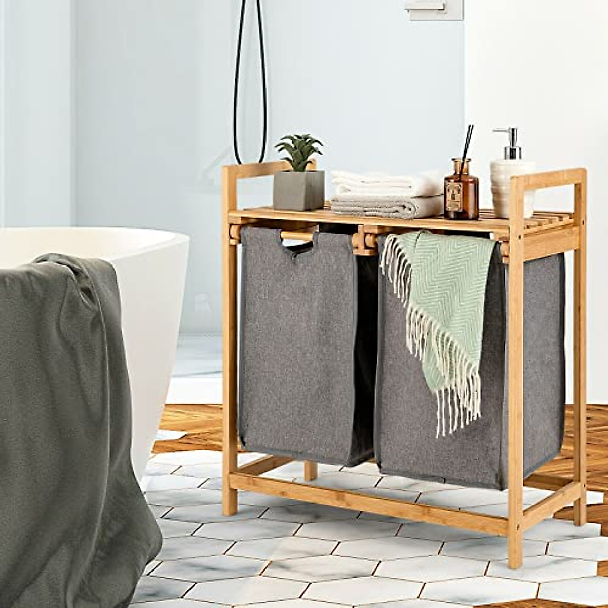 Bamboo Laundry Hamper with Dual Compartments Laundry Sorter and Sliding Bagswith Removable Sliding Bags & Shelf – Wooden Bamboo Laundry Organizer Cabinet for Bathroom (HOOYA1297)