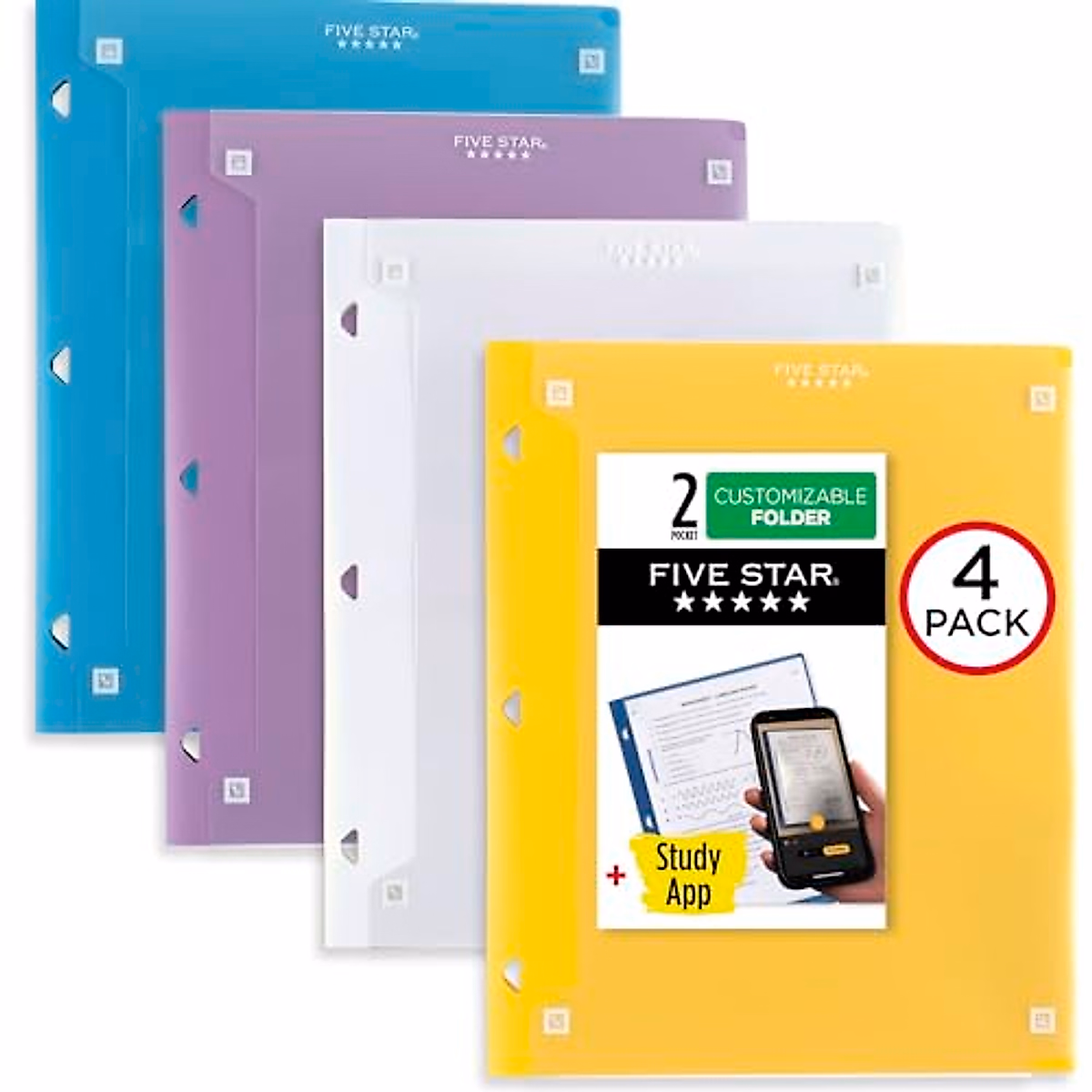 Five Star Pocket Folder + Study App, 4 Pack, 2 Pocket Folder, Customizable Cover, Fits 3 Ring Binder, White, Amethyst Purple, Harvest Yellow, Tidewater Blue (330092B-ECM)