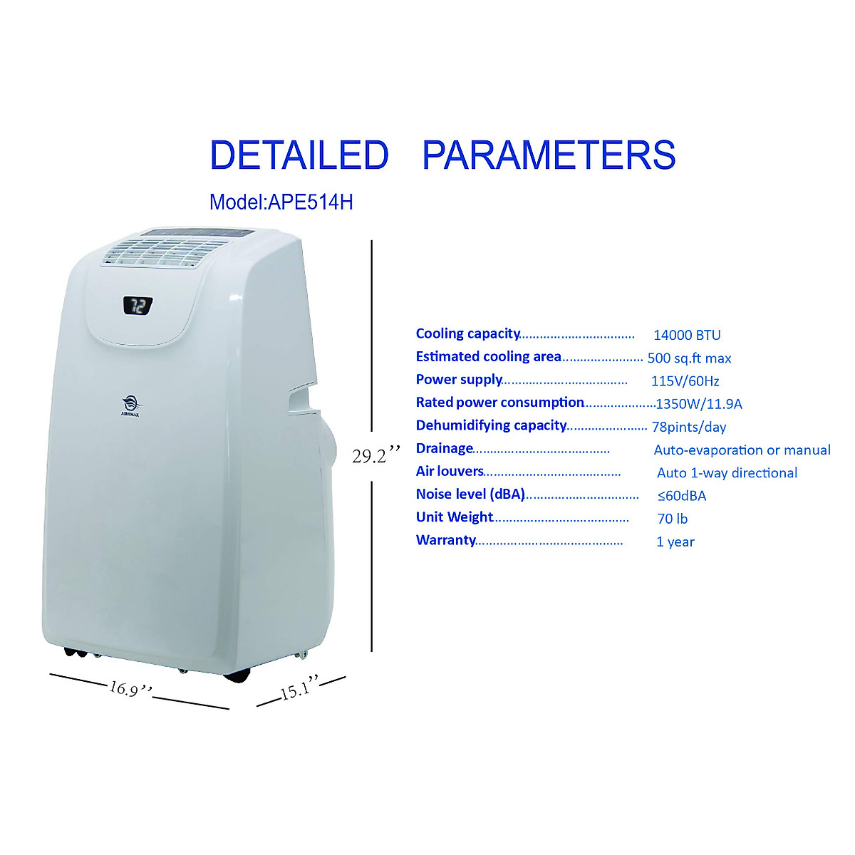 AireMax Portable Air Conditioner and Heater with Remote Control | For Rooms up to 500 Sq.Ft. | 24H Timer | Auto Restart | Wheels | LED Display | 4 Modes | White | APE514H