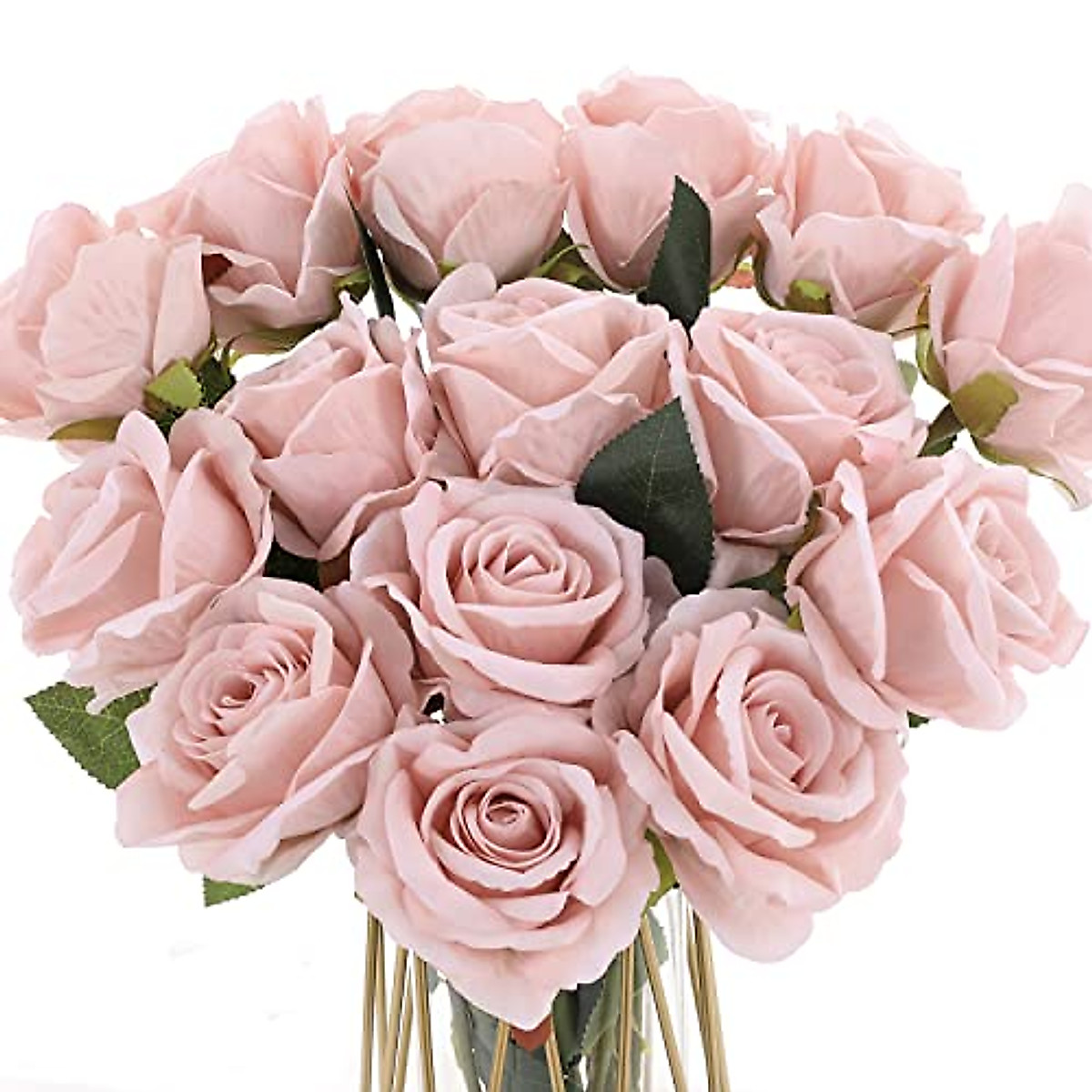 Cloudecor 15Pcs Artificial Roses Velet Real Touch Single Stem Fake Roses Silk Realistic Bouquet Flowers Arrangements Home Office Garden Grave Party Wedding Decoration(Light Pink-15p, Blossom Roses)
