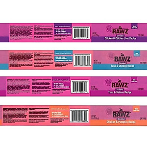 Rawz Natural Premium Canned Cat Wet Food Shredded -12 Pack Cans Variety Bundle -4 Flavors - (Tuna & Salmon, Chicken Liver, Tuna & Chicken, Chicken& Pumpkin) with Hotspot Pets Food Bowl - (5.5 oz Cans)