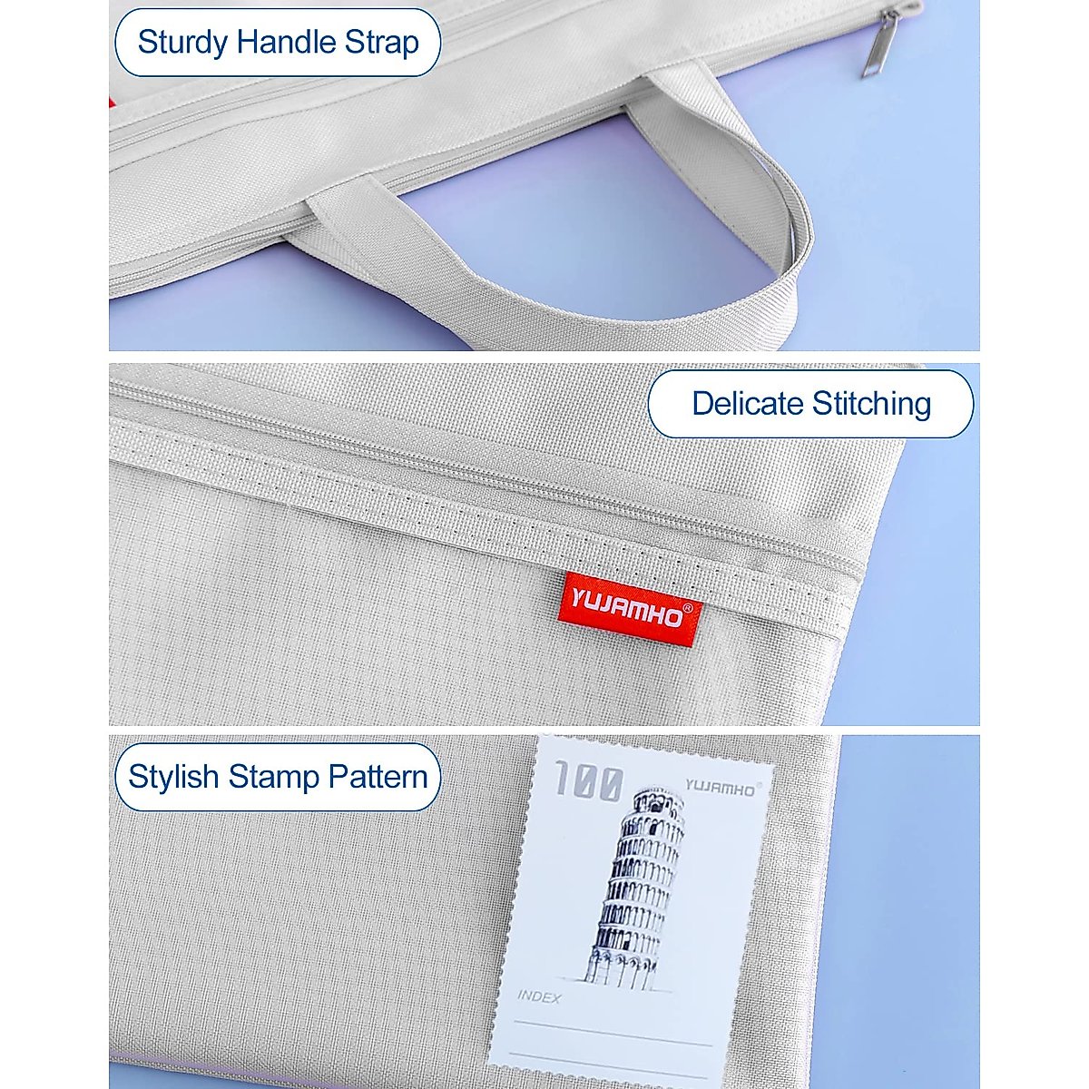Pendancy Mesh Zipper Pouch 11x13.7 in, Large Double Pocket Waterproof File Bag with Handle, A4 Size Foldable Document Storage for Puzzle Project/Cross Stitch/Travel/Office（Gray）