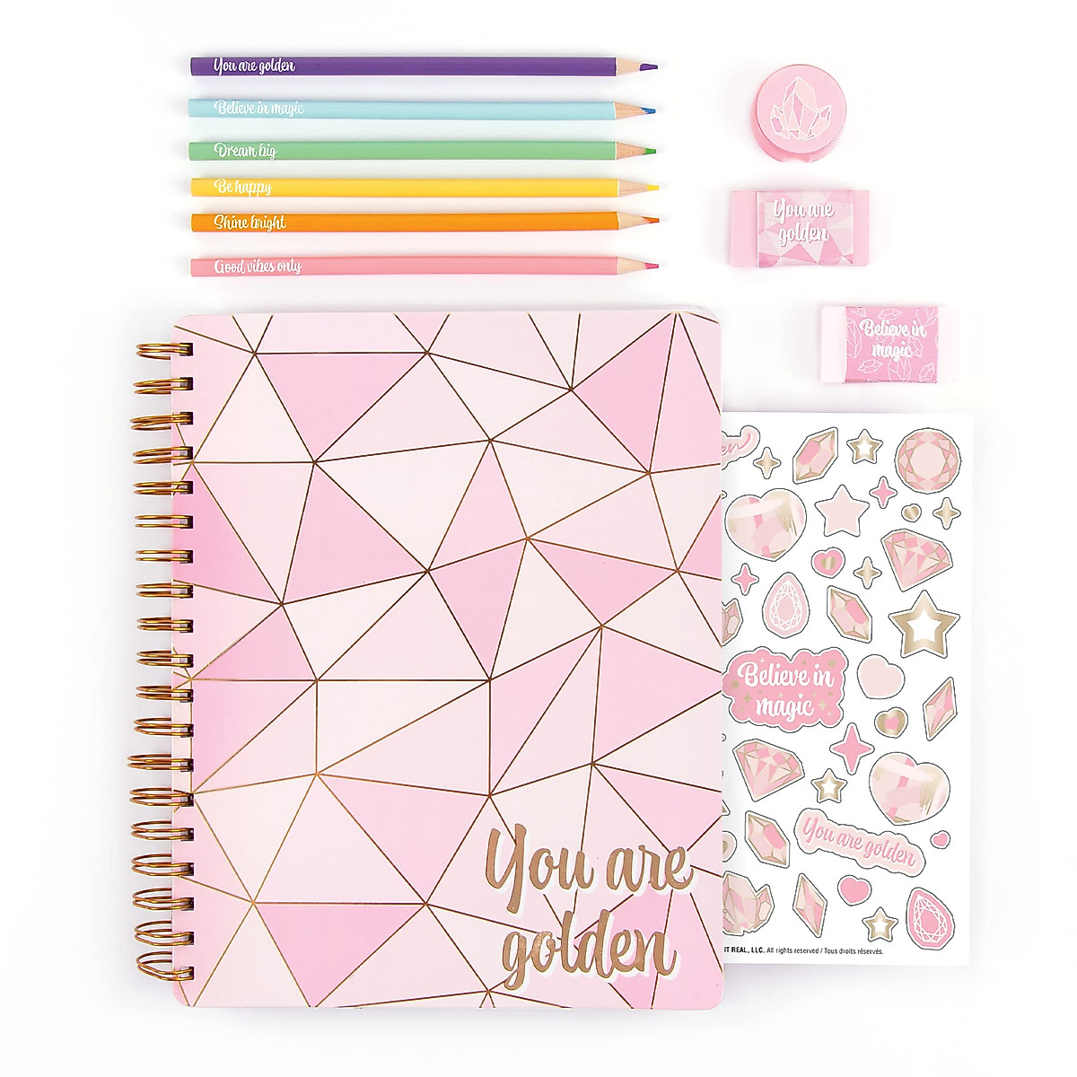 Three Cheers for Girls - Pink & Gold All-In-1 Sketchbook Set - Girls Diary, Journal, Sketch Book for Kids w/ Pencils, Stickers & More - Drawing Kit for Kids - Unlined Diary for Girls - Kids Sketch Pad